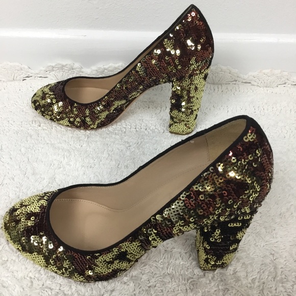J. Crew | Shoes | J Crew Etta Sequin Block Heel Copper Gold Pumps 85 ...